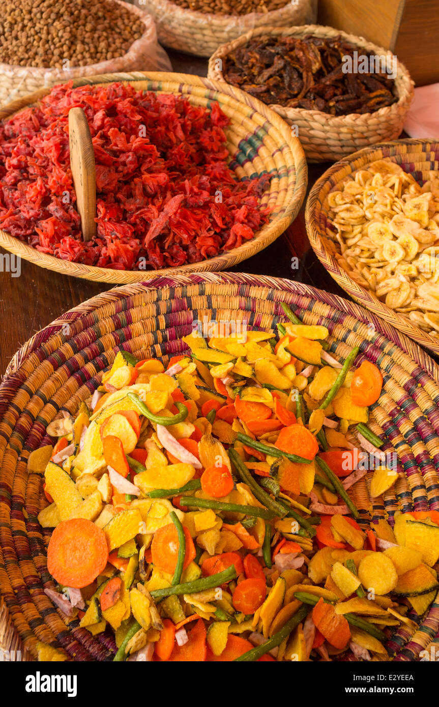 Street market stall packed with dried fruit and vegetables Stock Photo ...
