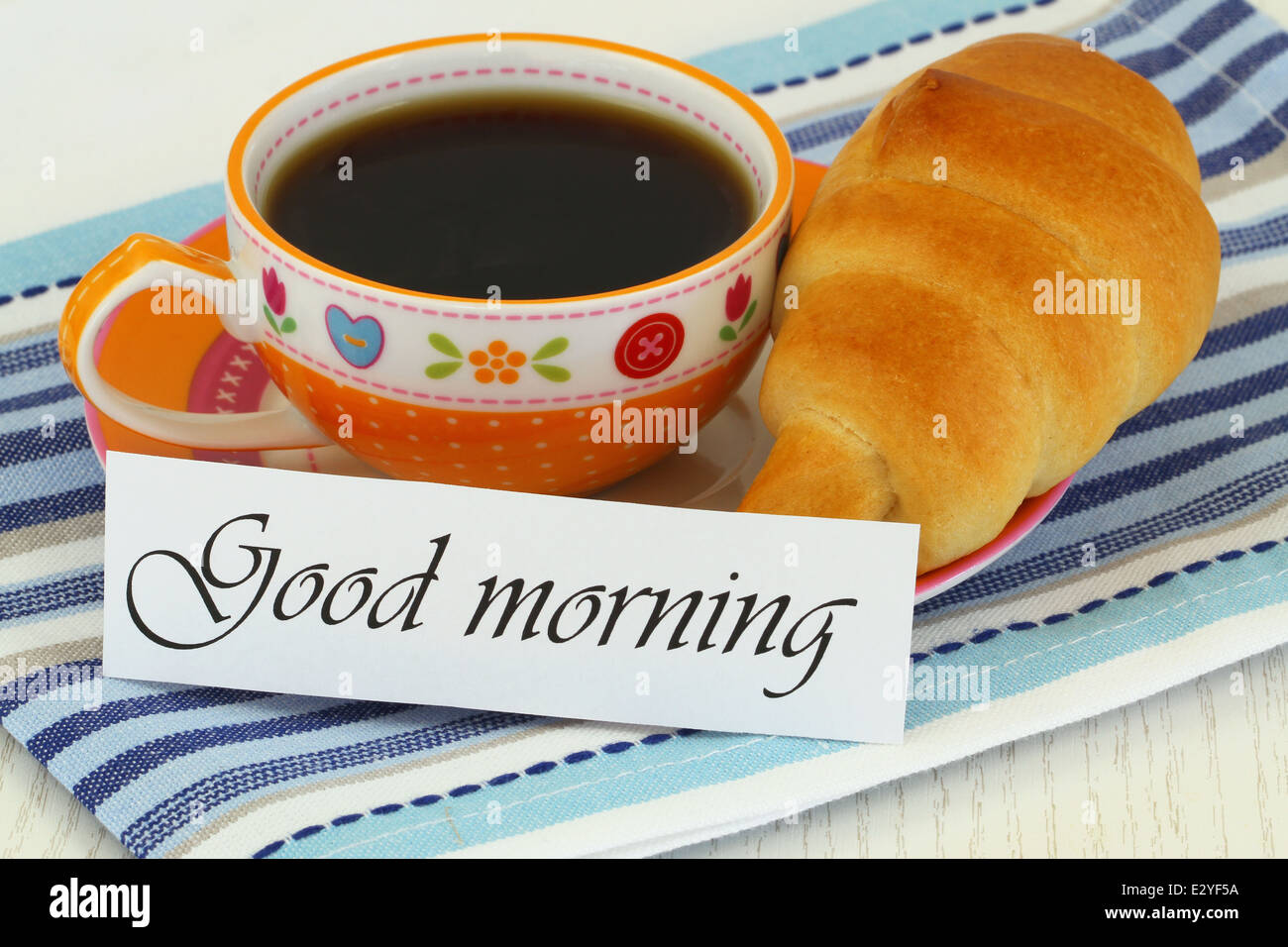 Good morning card with cup or tea and butter croissant Stock Photo - Alamy
