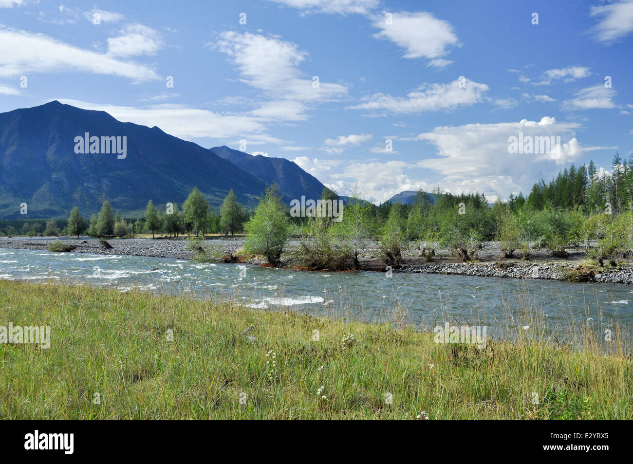 River flowing in a mountain valley. Landscape wildlife. Russia, Yakutia ...