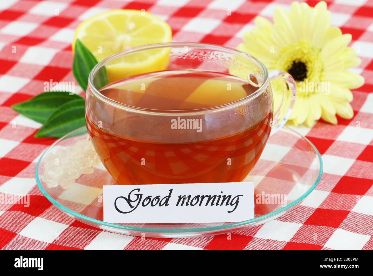 Good morning card with cup of tea Stock Photo - Alamy