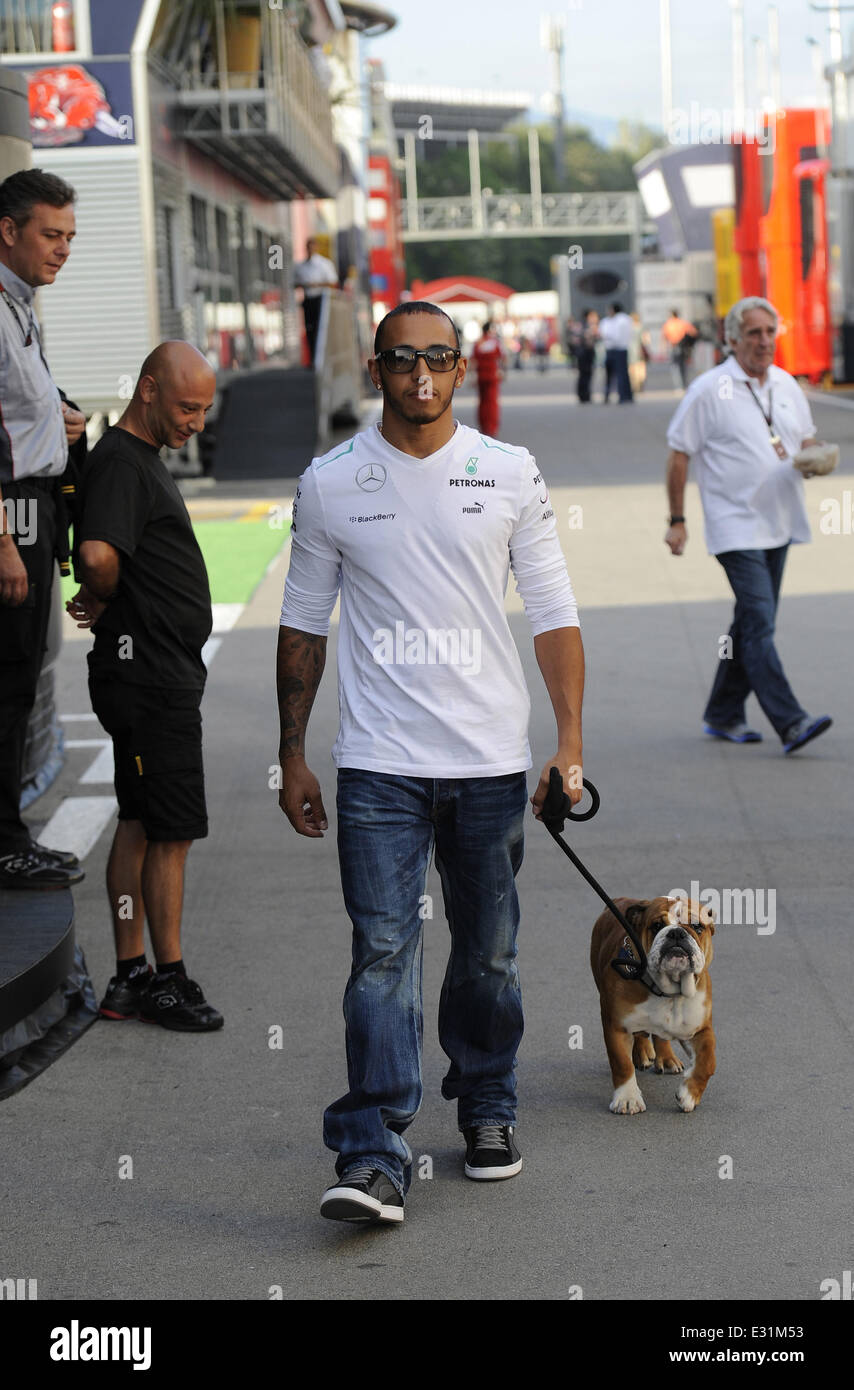 Lewis Hamilton takes his bulldog Roscoe on a walk at the Spanish ...