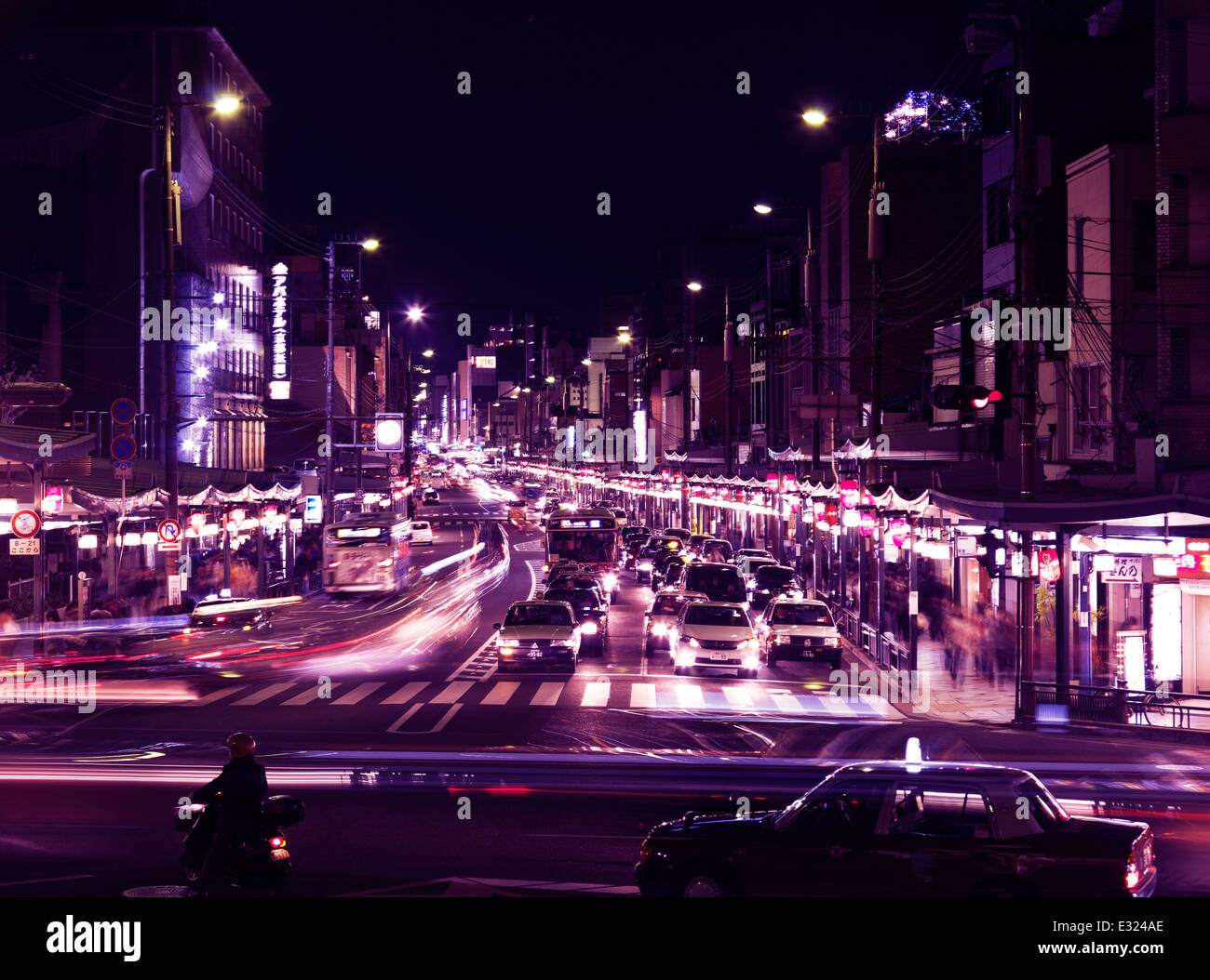 brightly lit Shijo dori street at night, Gion, Kyoto, Japan 2014 Stock ...