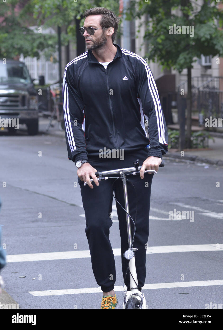 Actor Hugh Jackman seen riding a scooter around the West Village ...