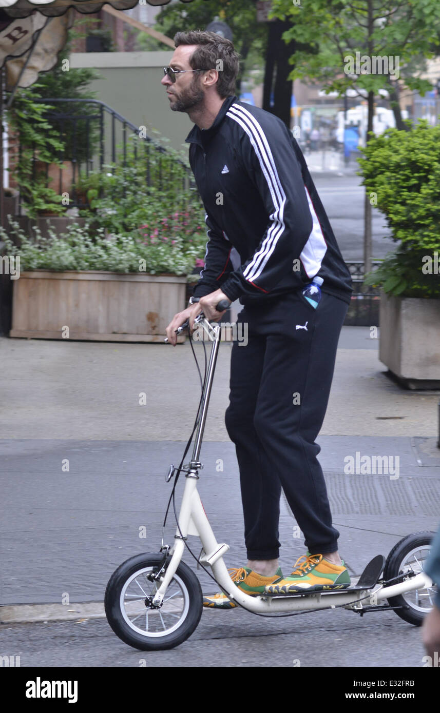 Actor Hugh Jackman seen riding a scooter around the West Village ...
