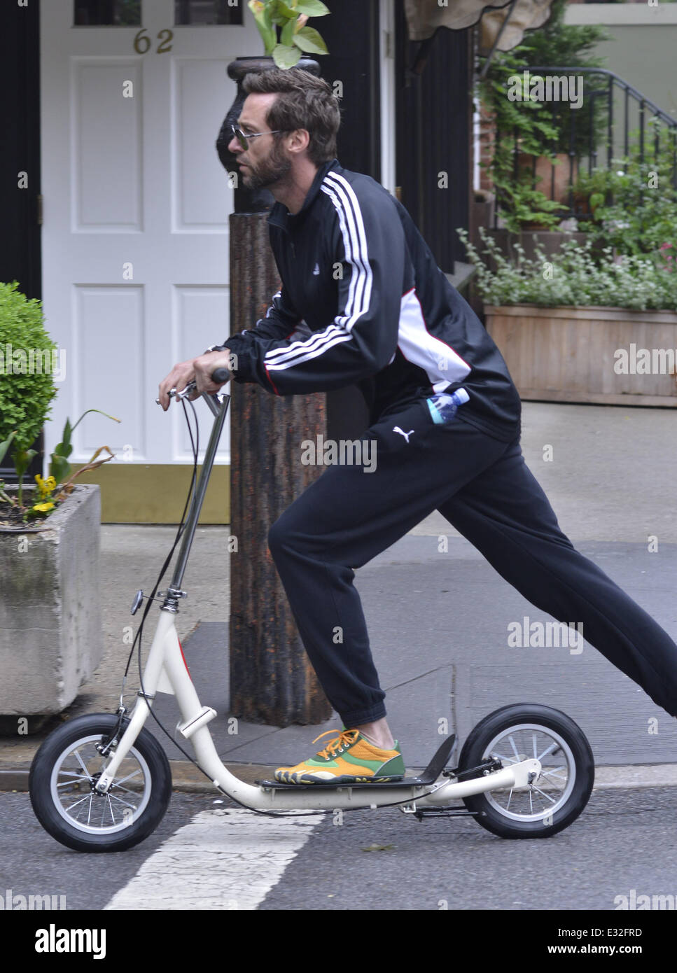 Actor Hugh Jackman seen riding a scooter around the West Village ...