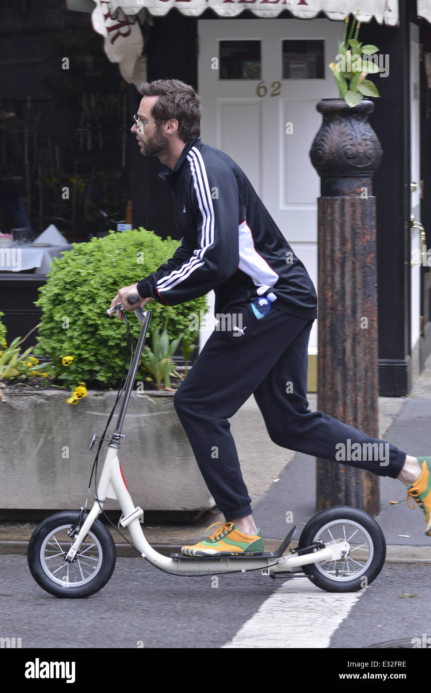 Actor Hugh Jackman seen riding a scooter around the West Village ...