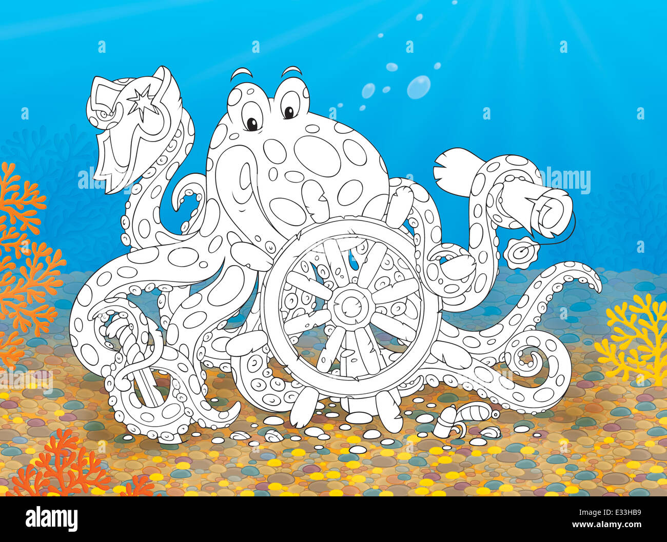 Big spotted octopus with a steering wheel, pirate saber and map of ...