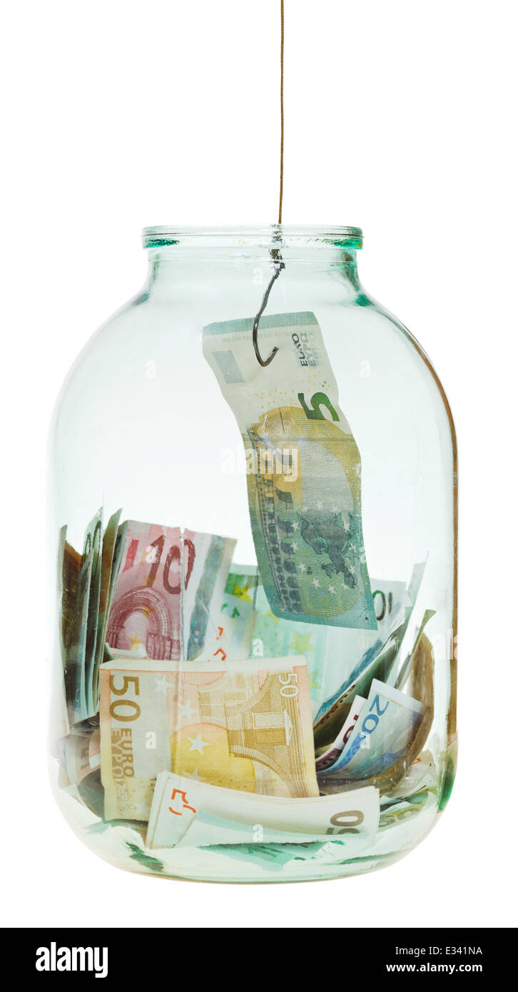 get out saving euro money from glass jar isolated on white background ...