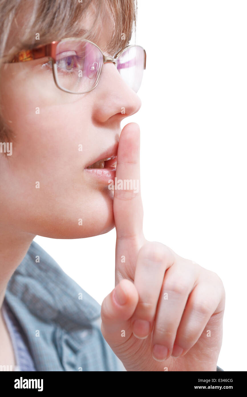 forefinger near lips - silence hand gesture isolated on white ...