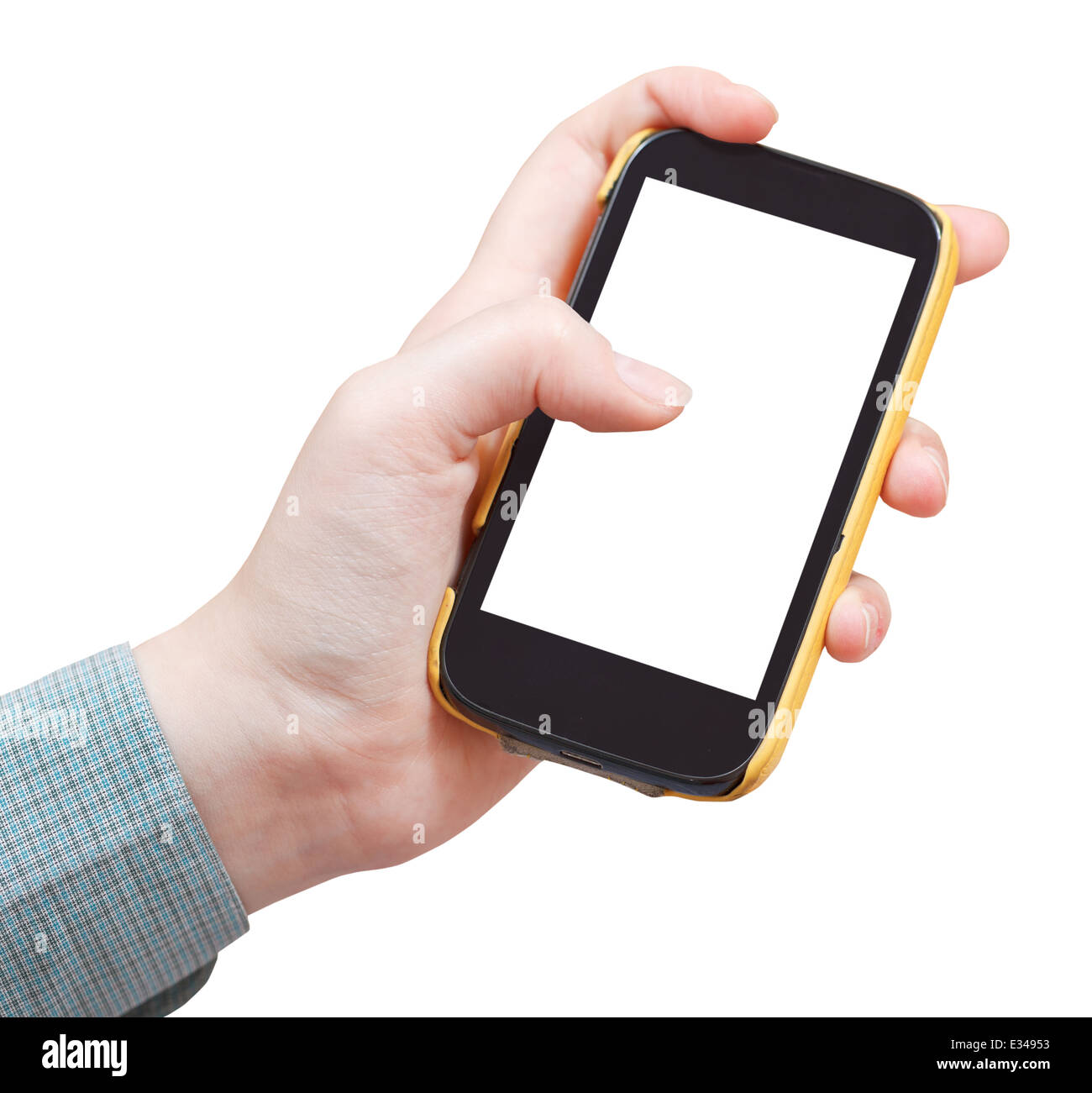 cut out screen of mobile phone in hand isolated on white background ...