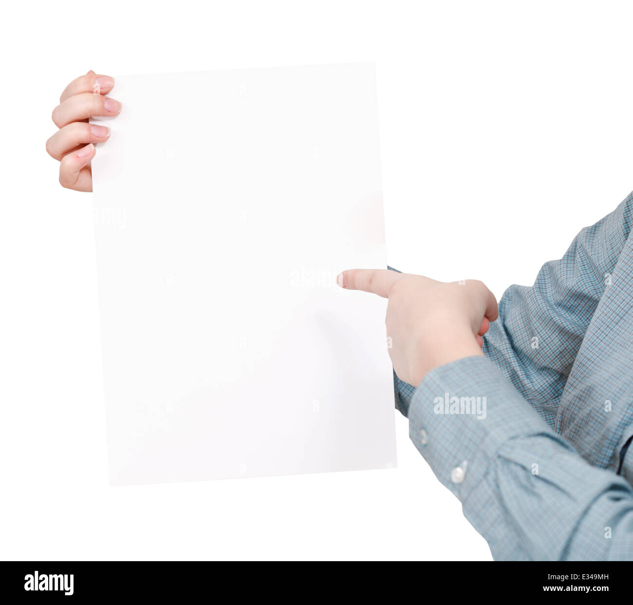 finger pointing on sheet of paper in female hand isolated on white ...