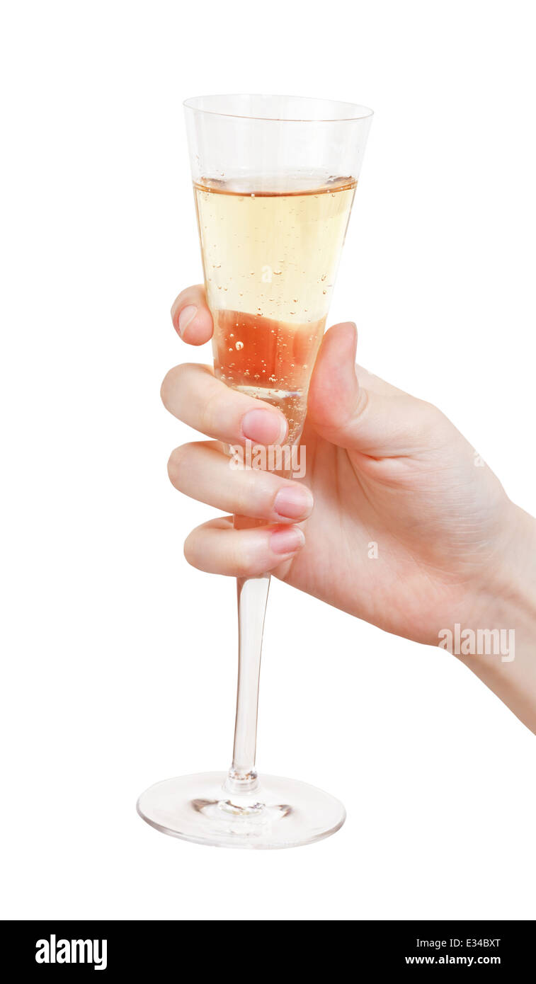 hand holds glass goblet with champagne isolated on white background ...