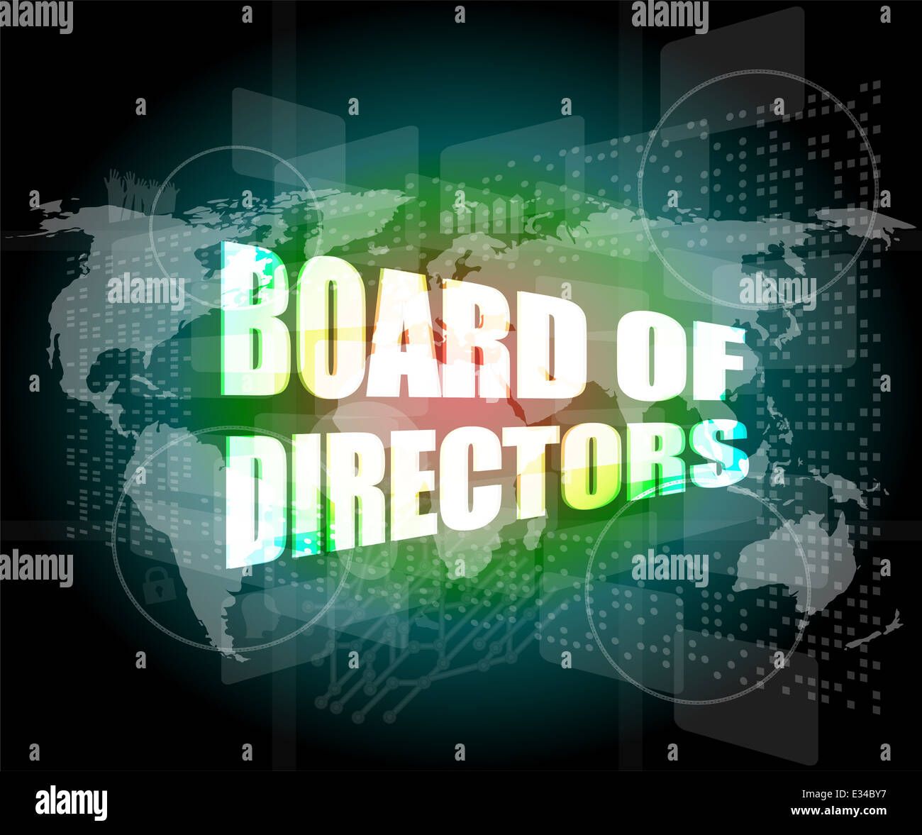 board of directors words on digital screen background with world map ...