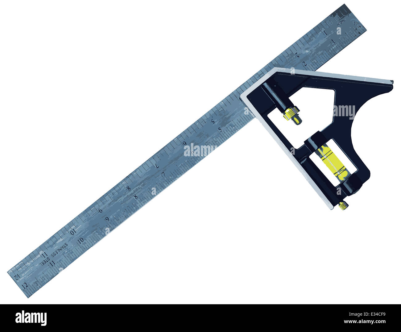 A typical engineers square with metal rule and spirit bubble isolated ...