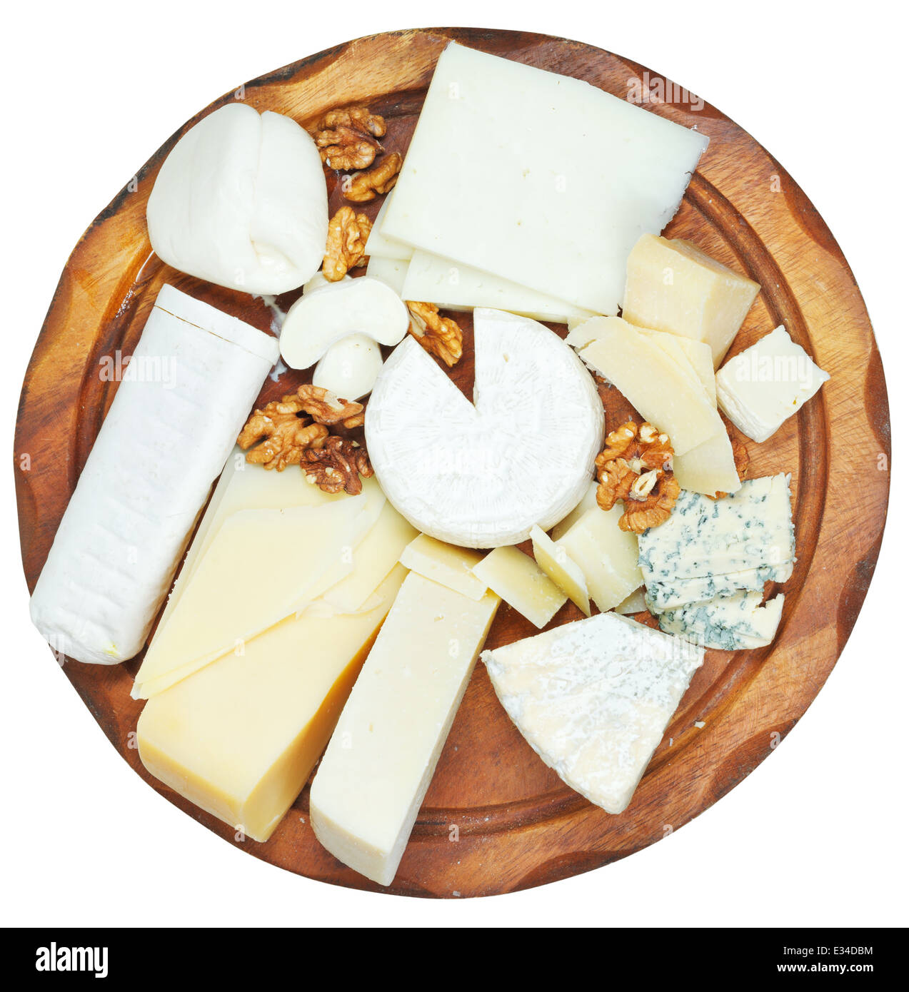 top view of wooden plate with various cheeses isolated on white ...