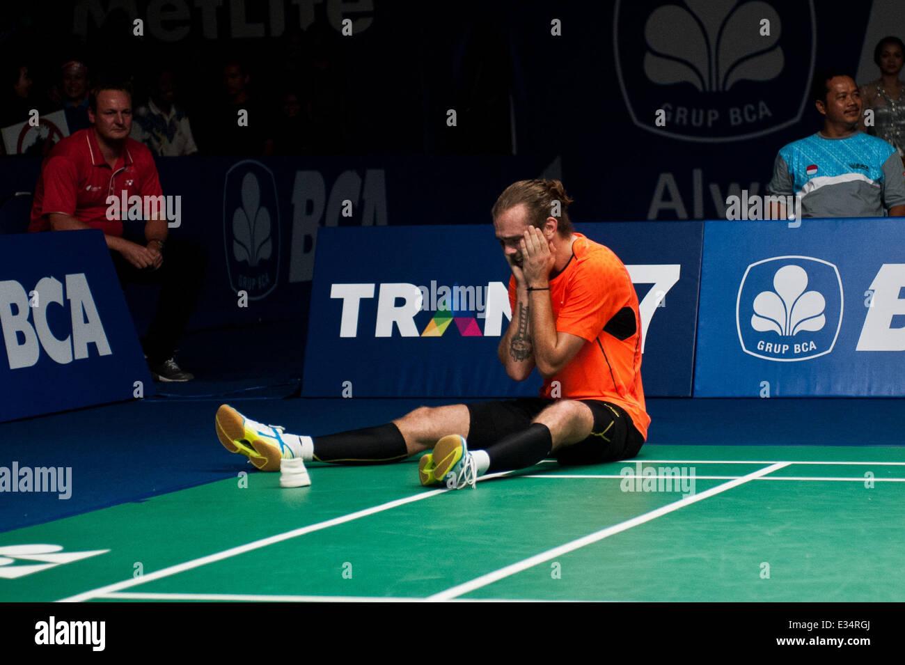 Jakarta, Indonesia. 22nd June, 2014. Jan O Jorgensen of Denmark reacts ...