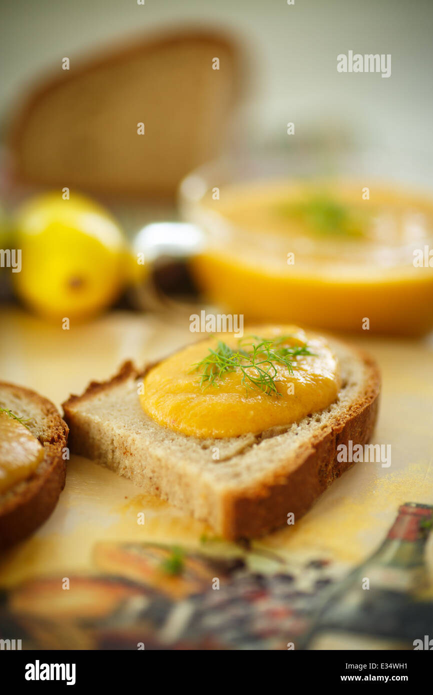 toasted rye bread with boiled squash pate Stock Photo - Alamy
