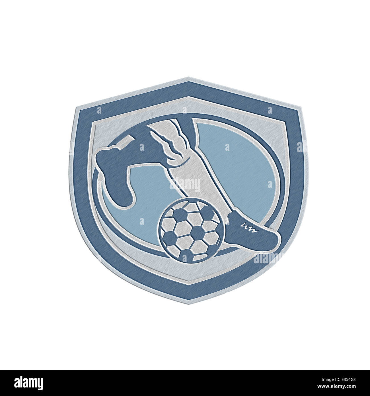 Metallic styled illustration of a leg foot kicking soccer ball set ...
