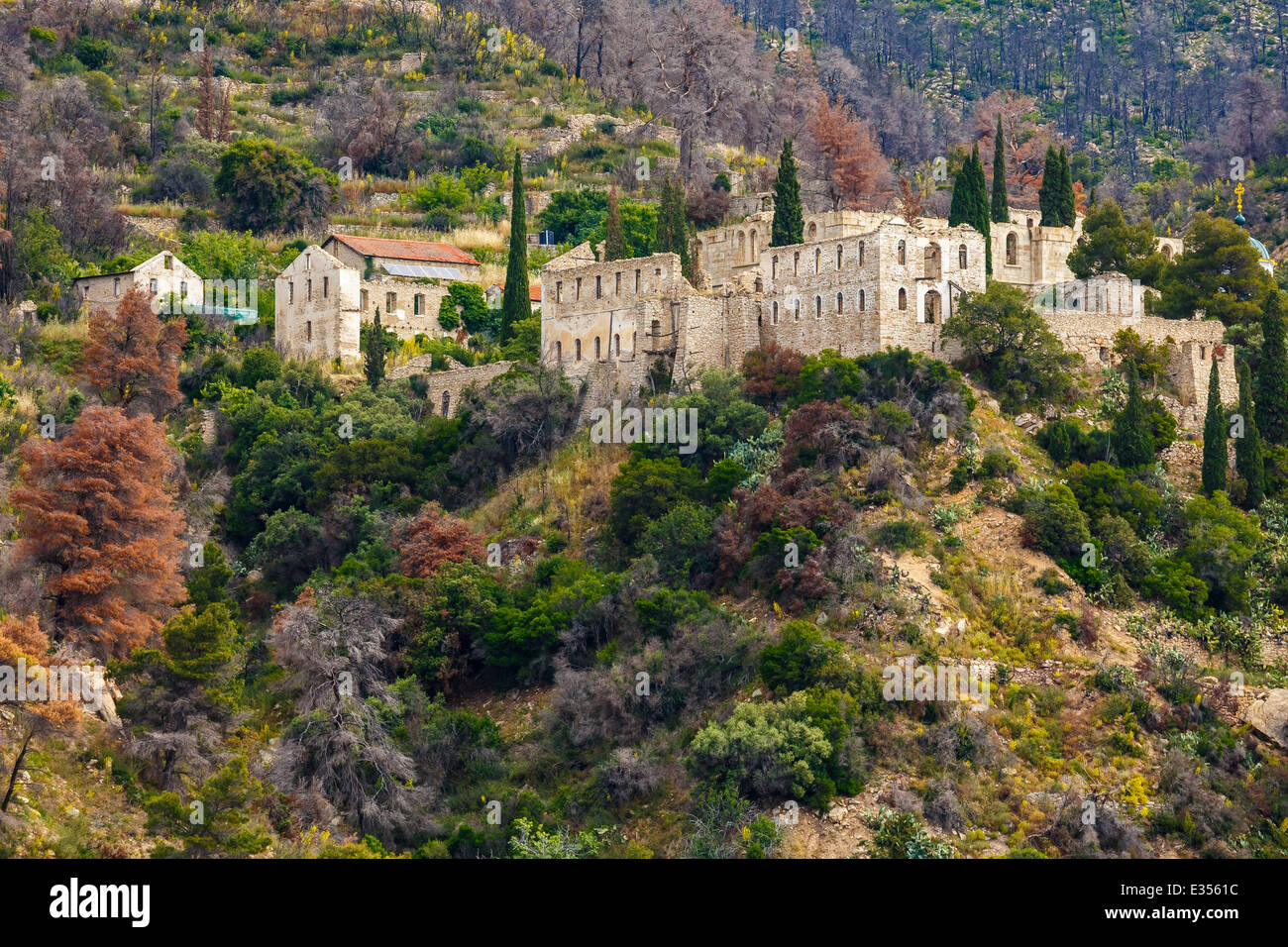 New Thebais medieval monastery ruins in Holy Mount Athos in Greece ...