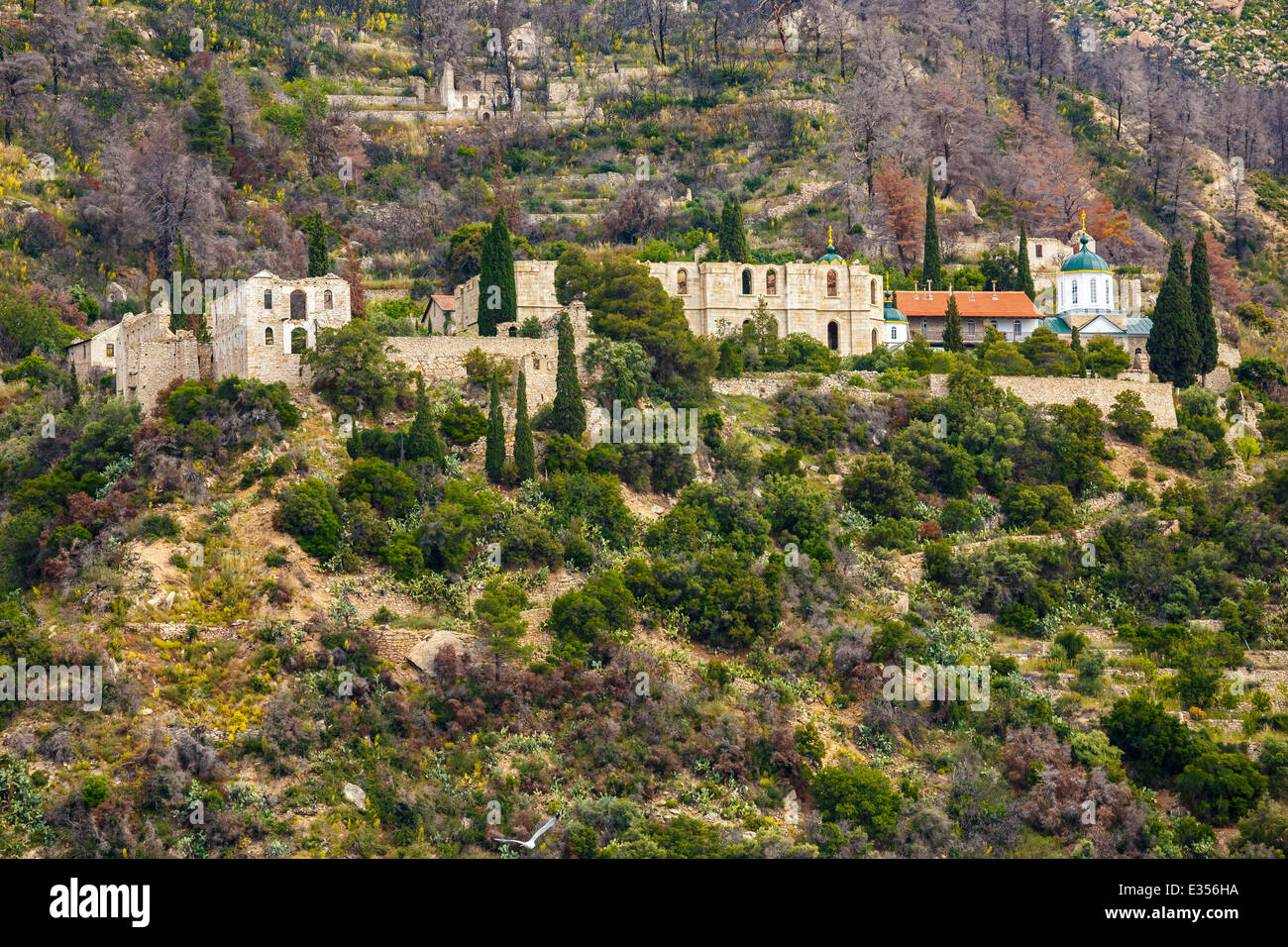 New Thebais medieval monastery ruins in Holy Mount Athos in Greece ...