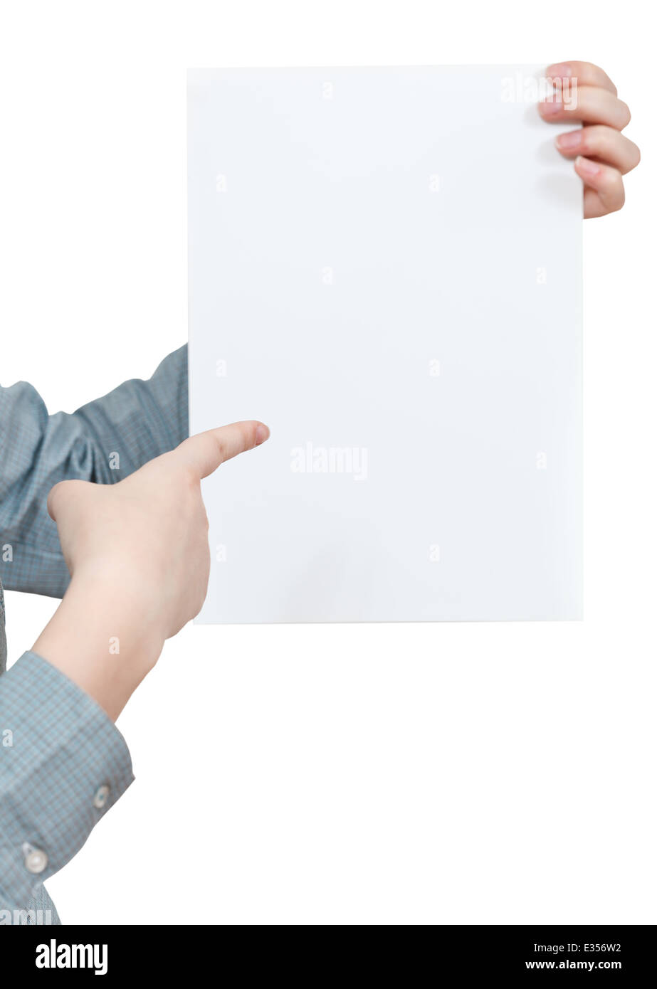 forefinger points on sheet of paper in female hand isolated on white ...