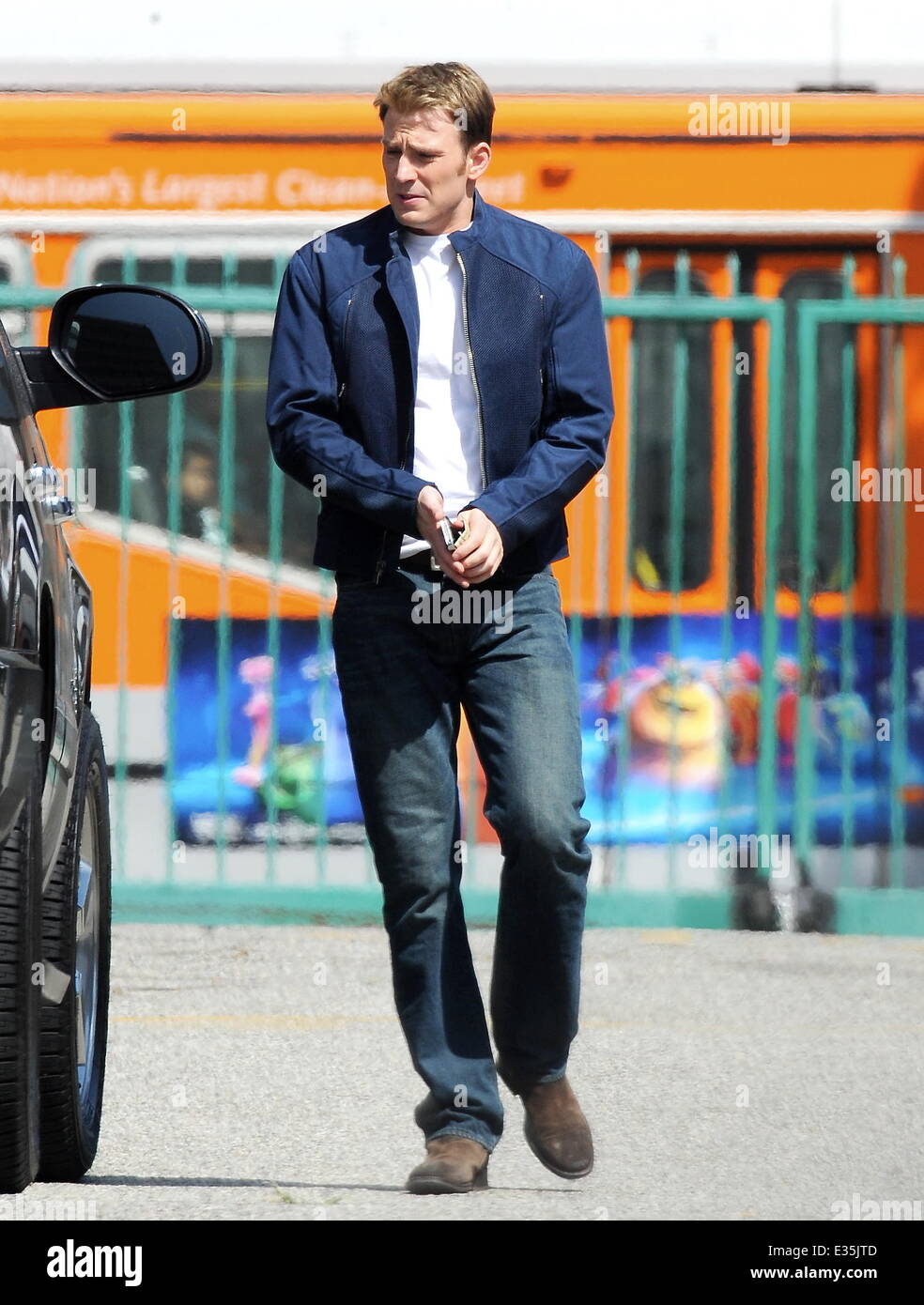 Actor Chris Evans arriving on the set of 'Captain America 2' filming in ...