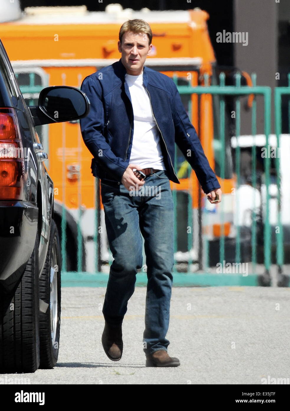 Actor Chris Evans arriving on the set of 'Captain America 2' filming in ...