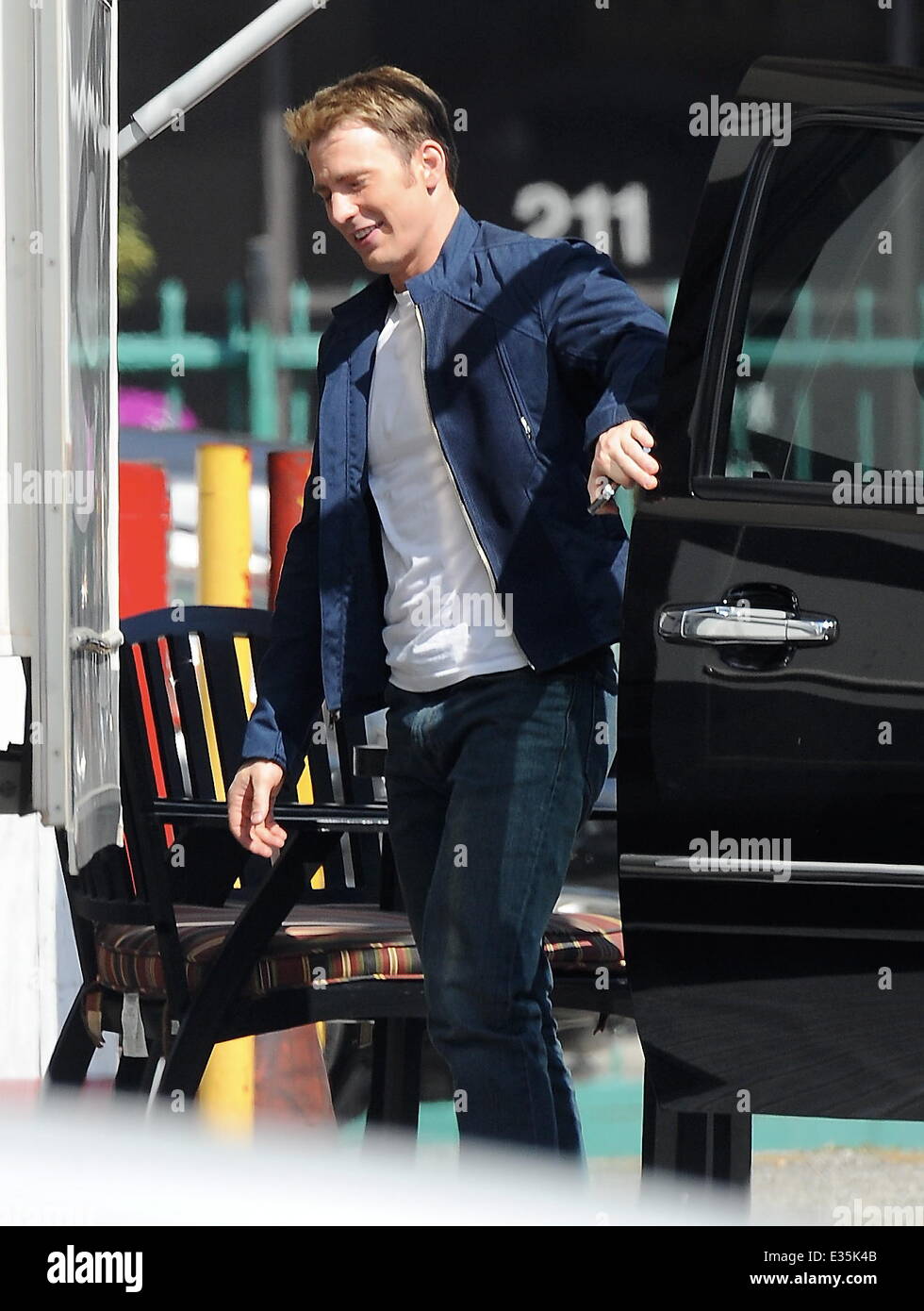 Actor Chris Evans arriving on the set of 'Captain America 2' filming in ...
