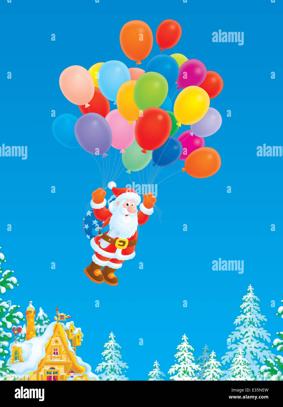 Santa Claus flying with balloons Stock Photo - Alamy