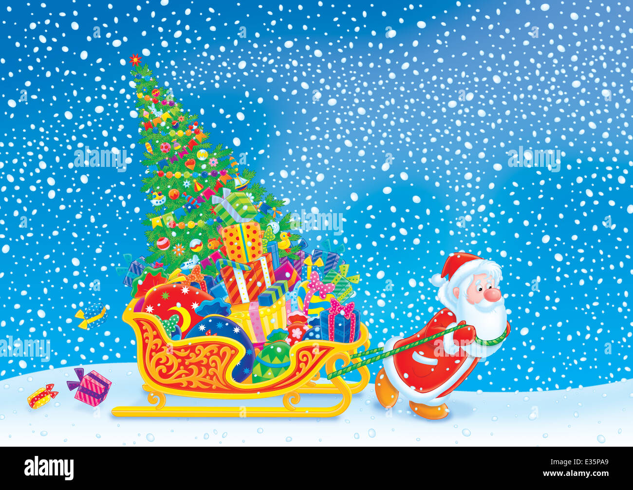 Santa pulling his sleigh with gifts Stock Photo - Alamy