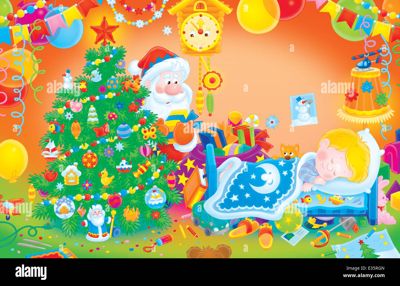 Santa putting gifts under a Christmas tree Stock Photo - Alamy