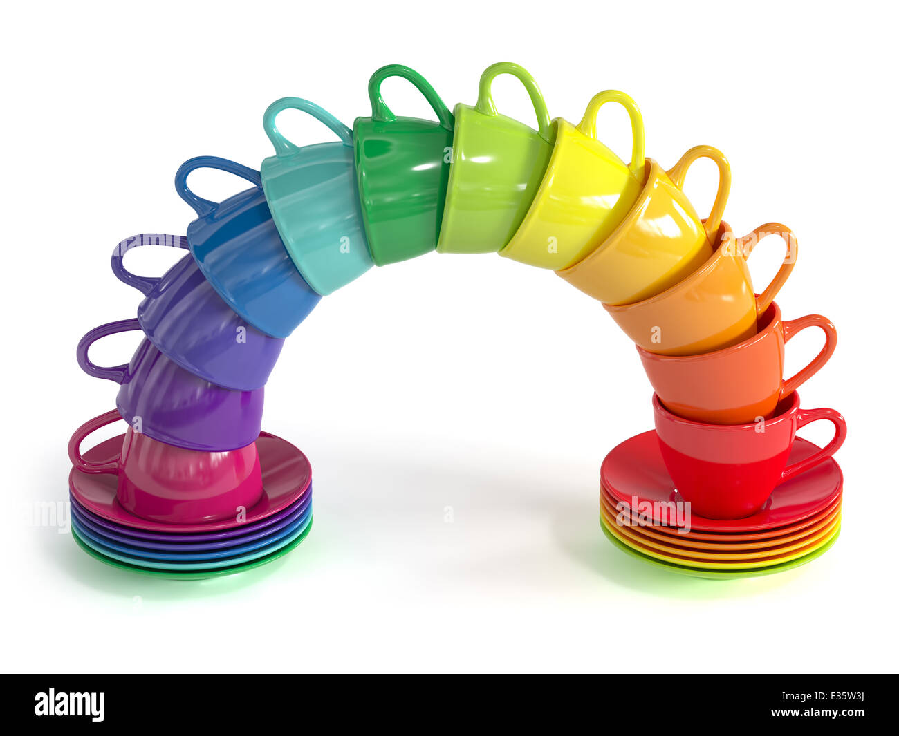 3d render of tower made from multicolored cups. Isolated on white ...