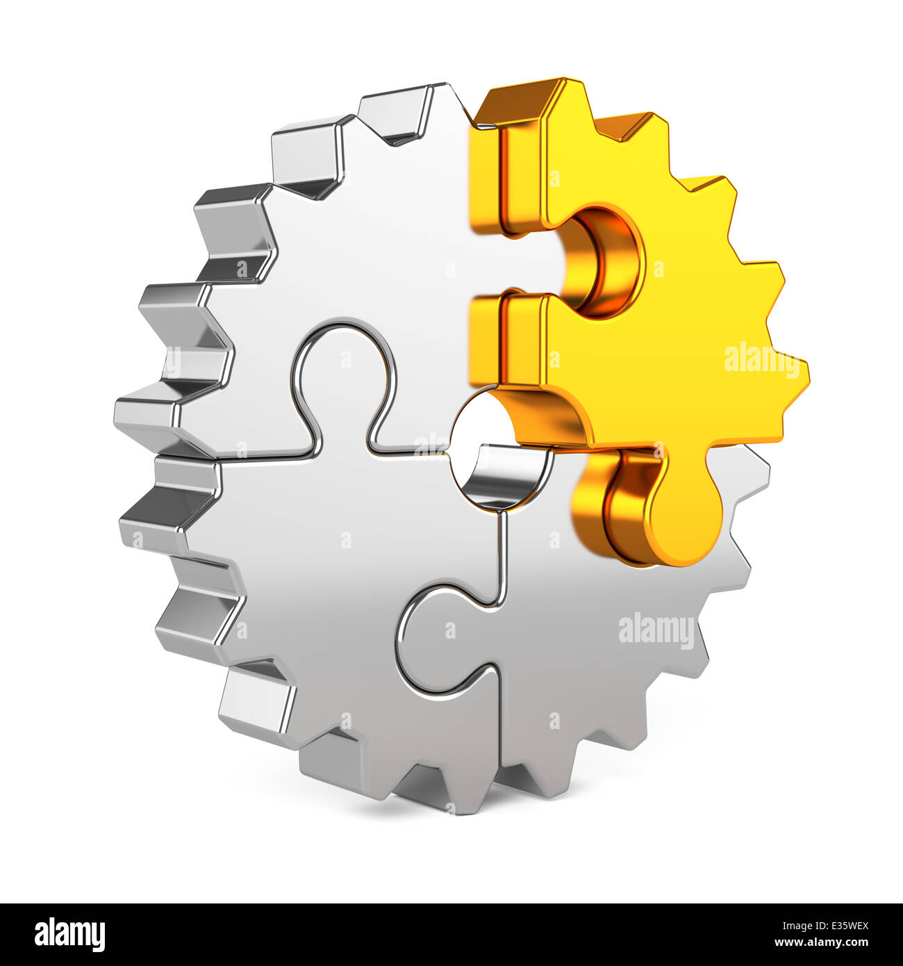 3d render of metal gear puzzle pieces with golden one isolated on white ...