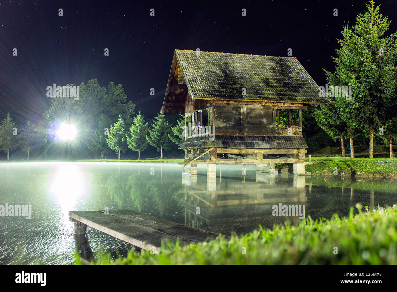 Cabin By The Lake At Night