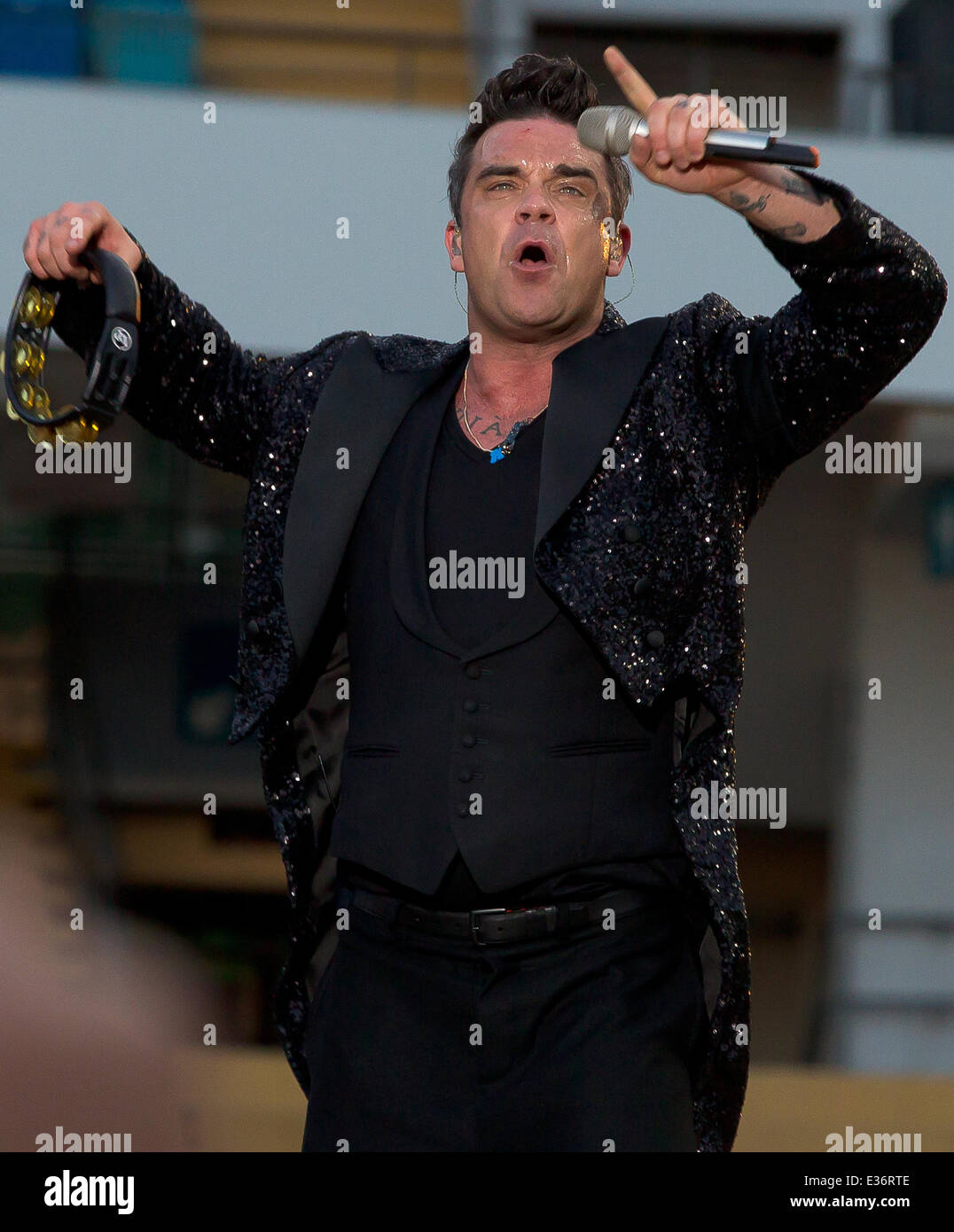 Robbie Williams performs live at Ullevi Stadium Featuring: Robbie ...
