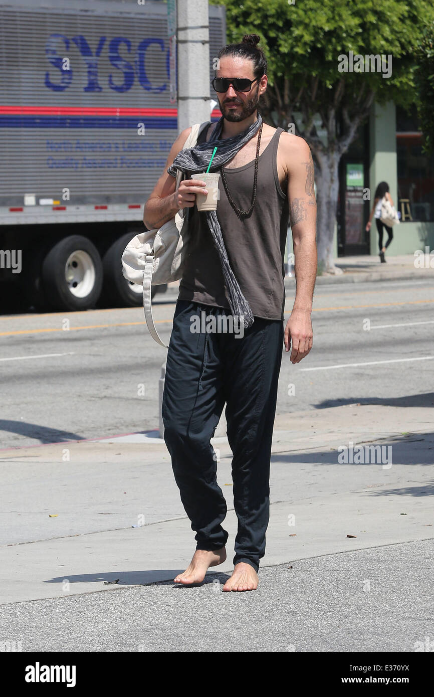 Russell Brand leaving yoga class barefoot Featuring: Russell Brand ...