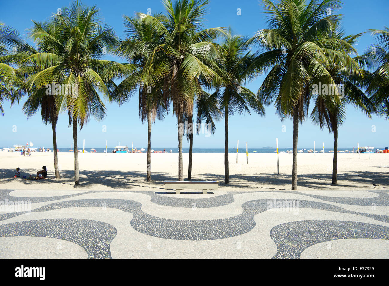 Iconic curving sidewalk tile pattern with palm trees at Copacabana ...