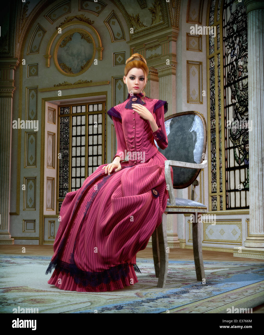 3D computer graphics of a young woman with a pink dress from the 19th ...