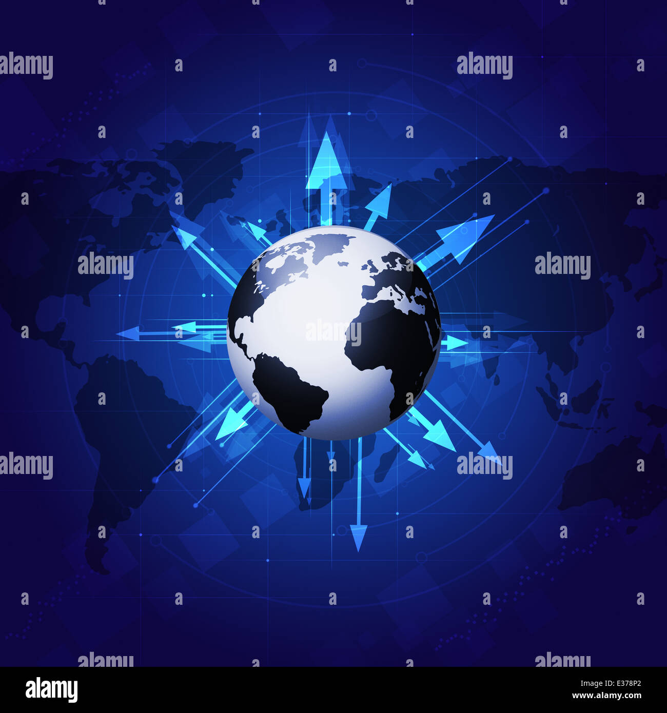 arrows around earth technology concept blue background Stock Photo - Alamy