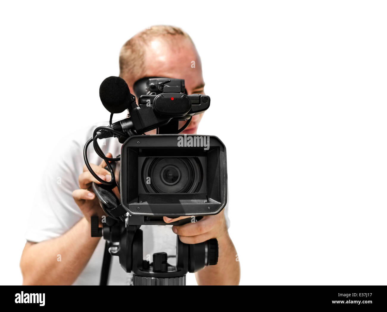 Video camera operator isolated over white Stock Photo - Alamy