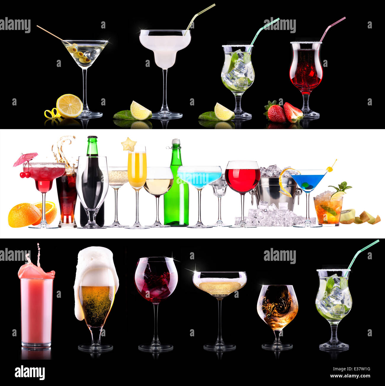 different alcohol drinks set - beer, wine, cocktail,juice, champagne ...