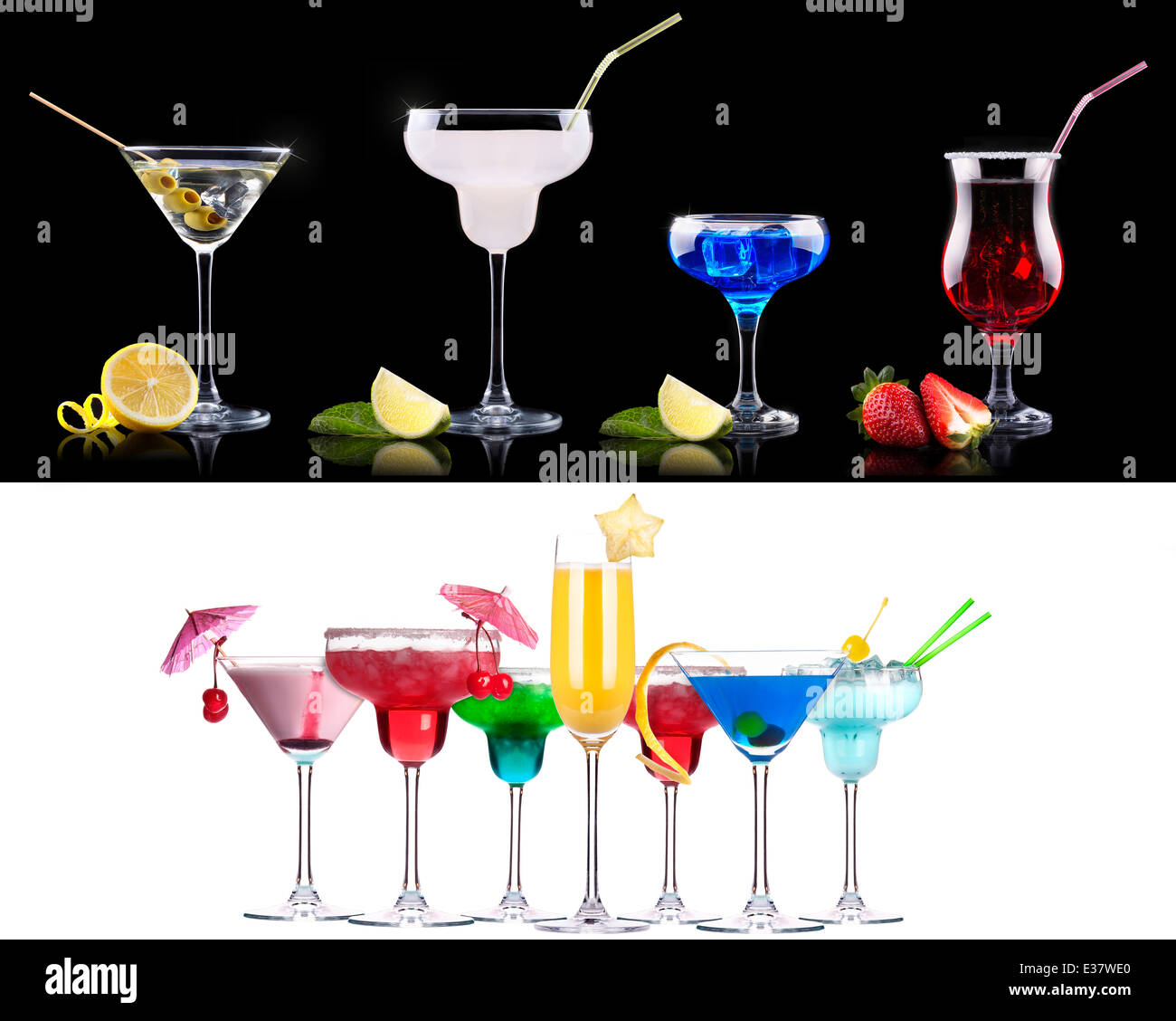 alcohol cocktail set on a black party background Stock Photo - Alamy