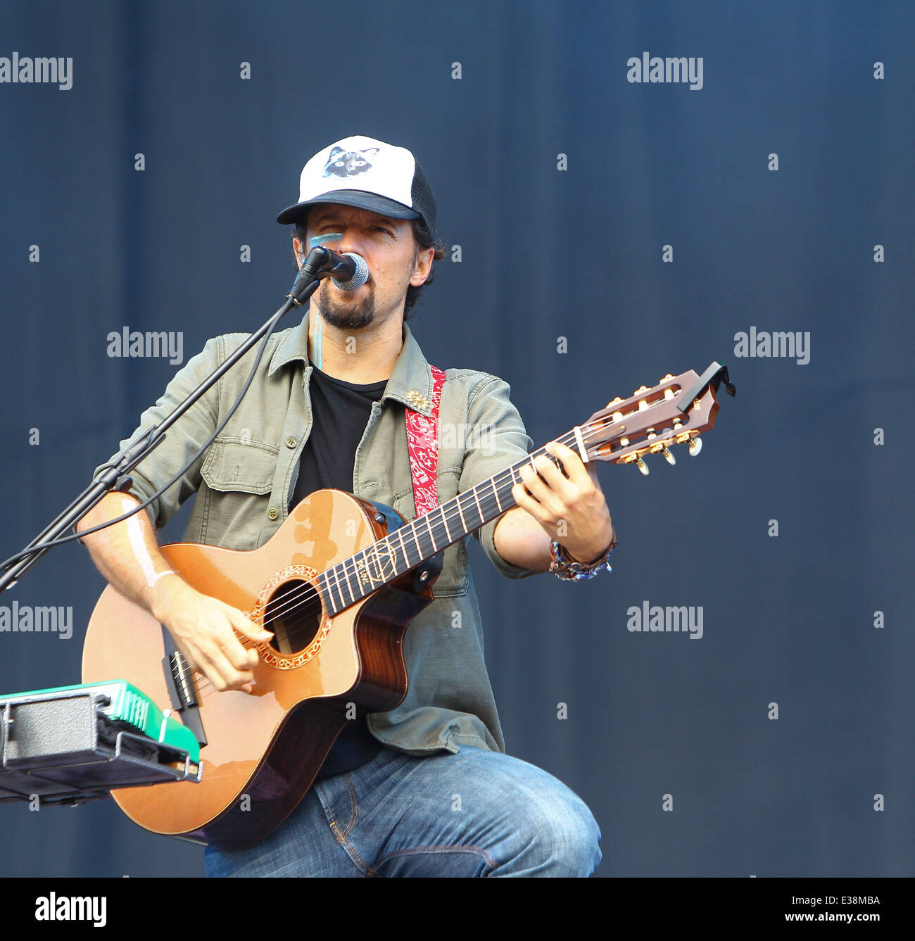 Jason Mraz perform on the main stage at V Festival day 2 in Hylands ...