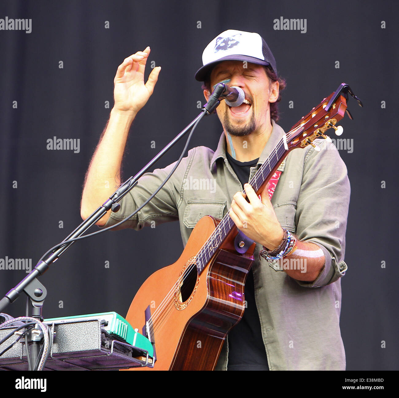 Jason Mraz perform on the main stage at V Festival day 2 in Hylands ...