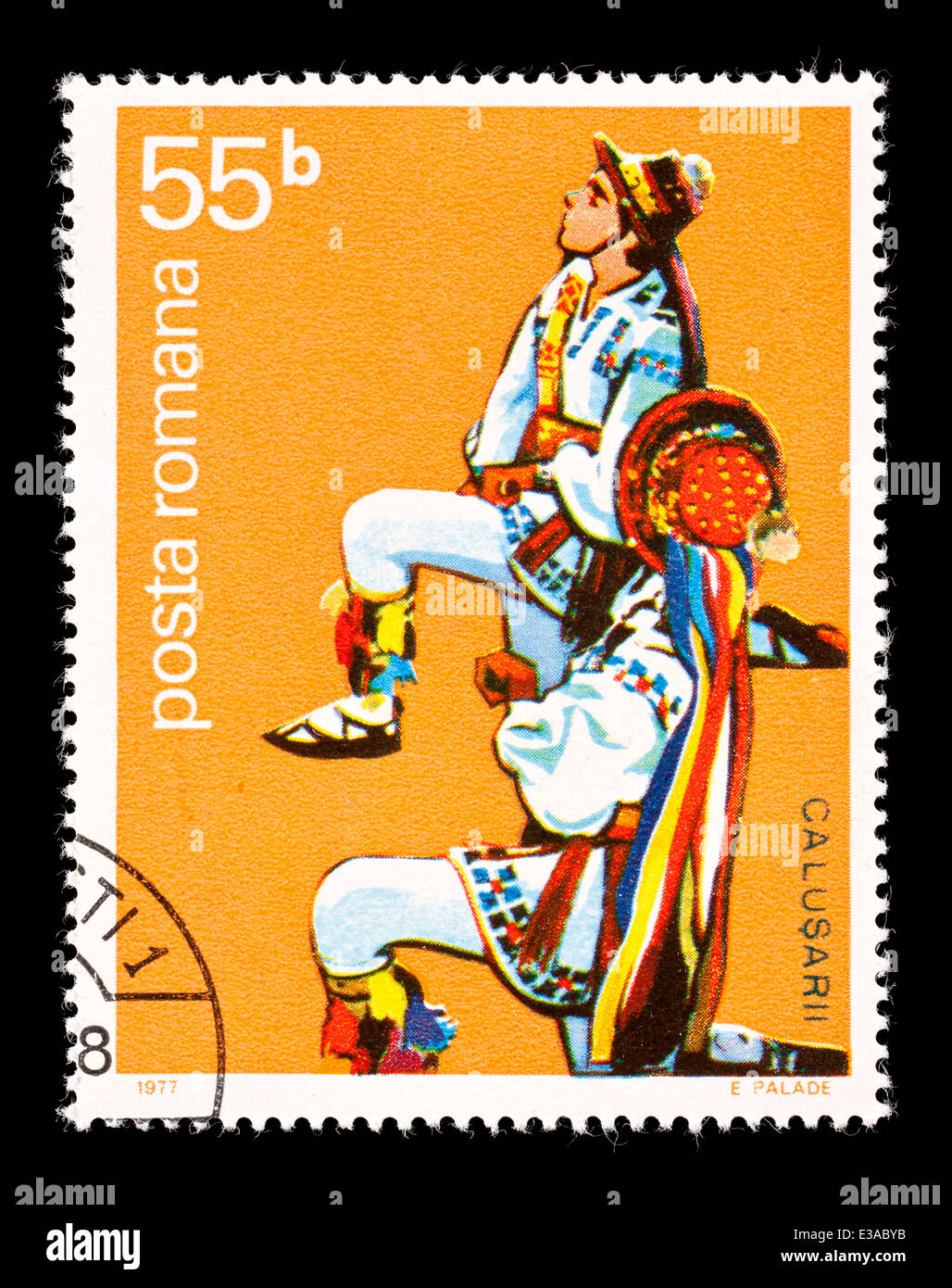 Postage stamp from Romania depicting a Calusarii folk dancer Stock ...