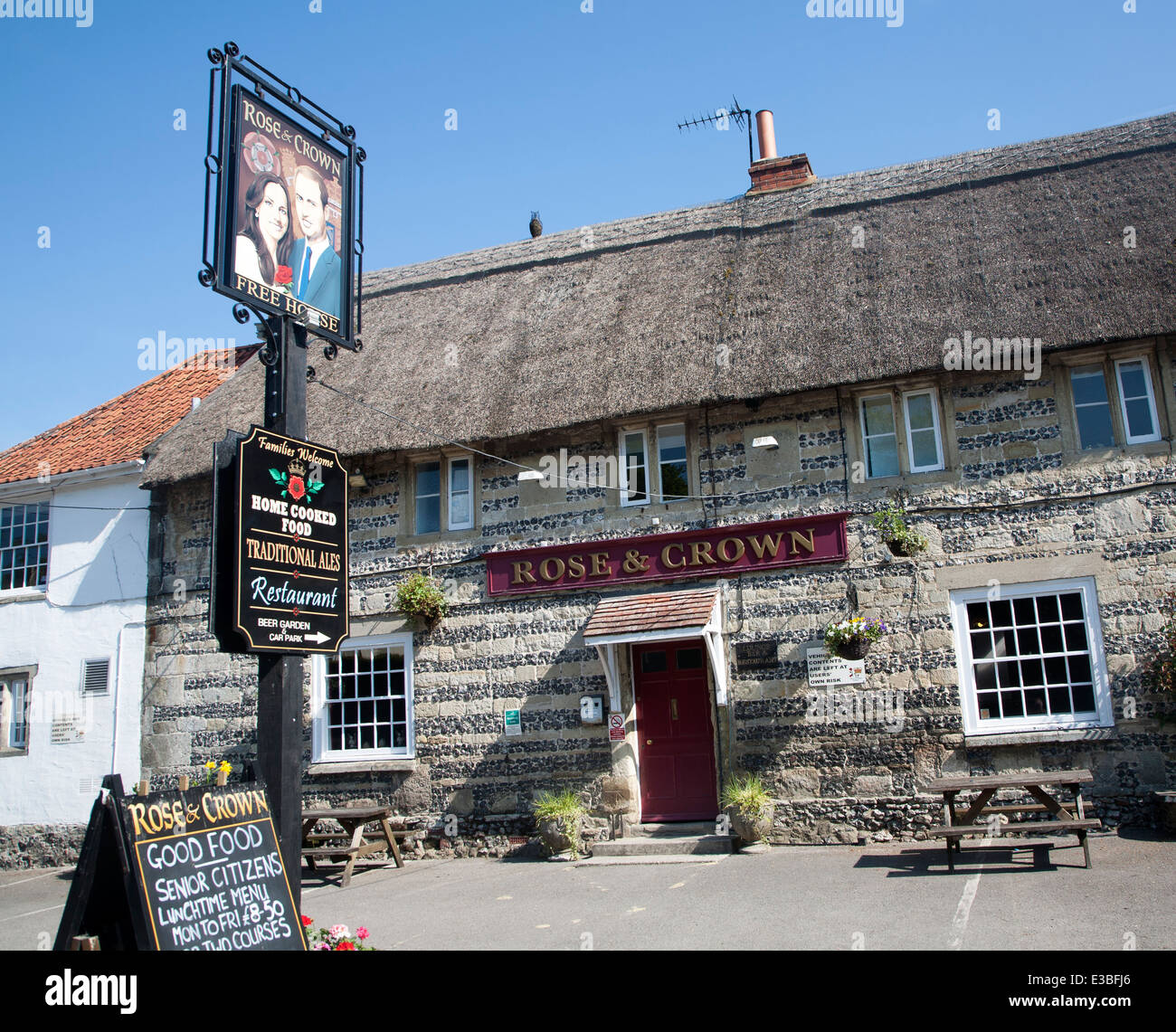 Rose and Crown pub at Tilshead, Wiltshire, England with pub sign ...