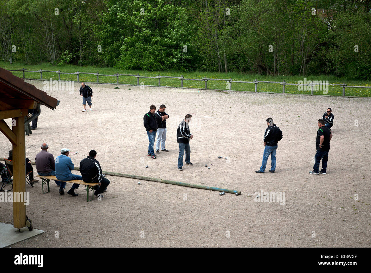Frenchmen in a petanque match, Charmes, Lorraine, Vosges, France Stock ...