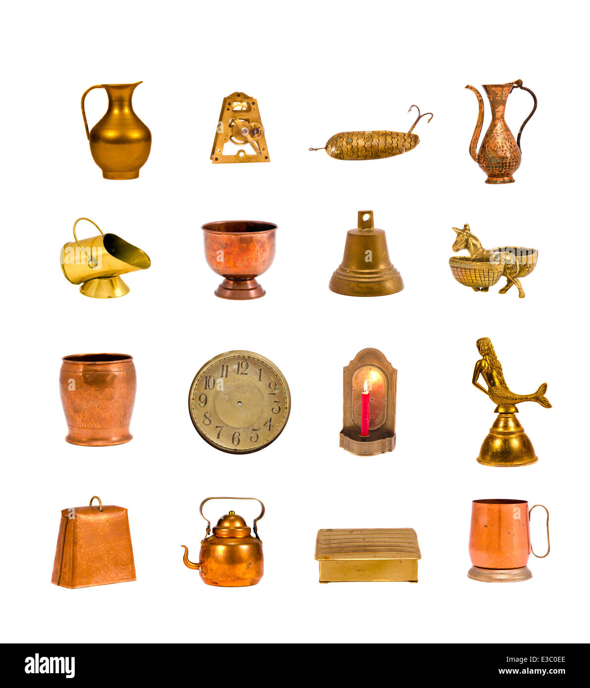 Collection assorted antique objects and tools isolated on white ...