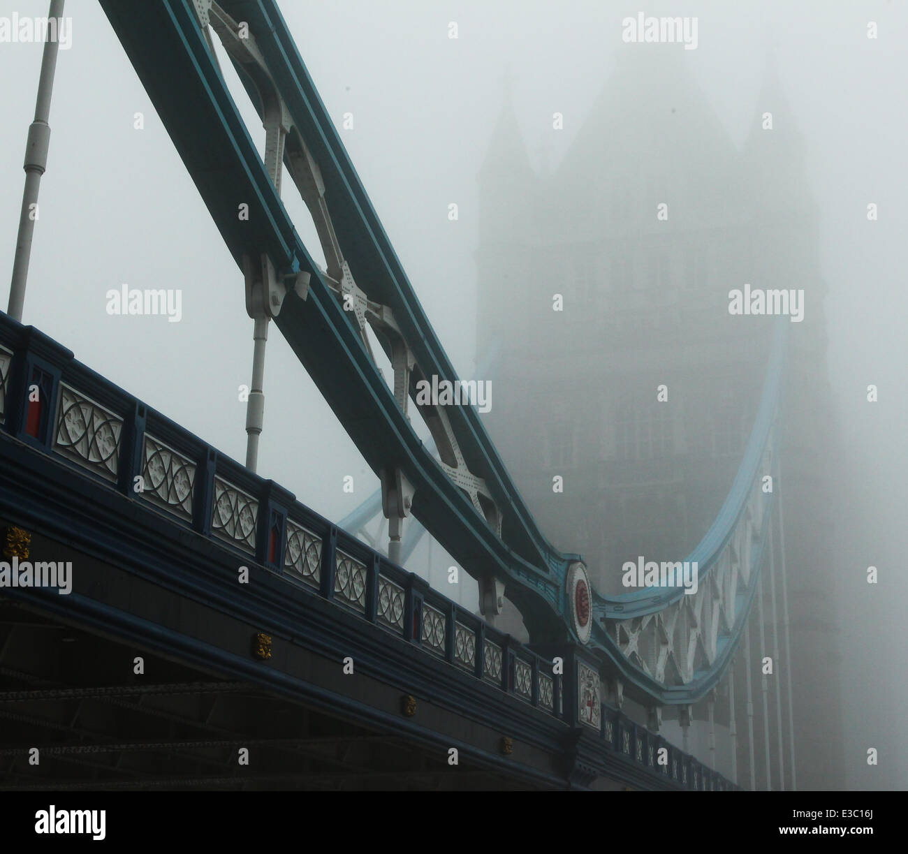 Tower Bridge is shrouded in thick fog Featuring: View Where: London ...