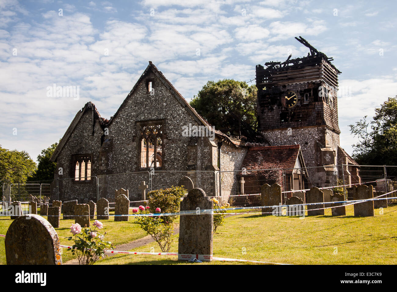 The burnt remains of St Peters Church in Ropley, Hampshire , England ...
